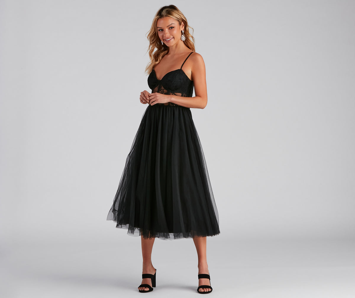 Vanae Formal Lace Illusion Midi A-Line Dress & Windsor