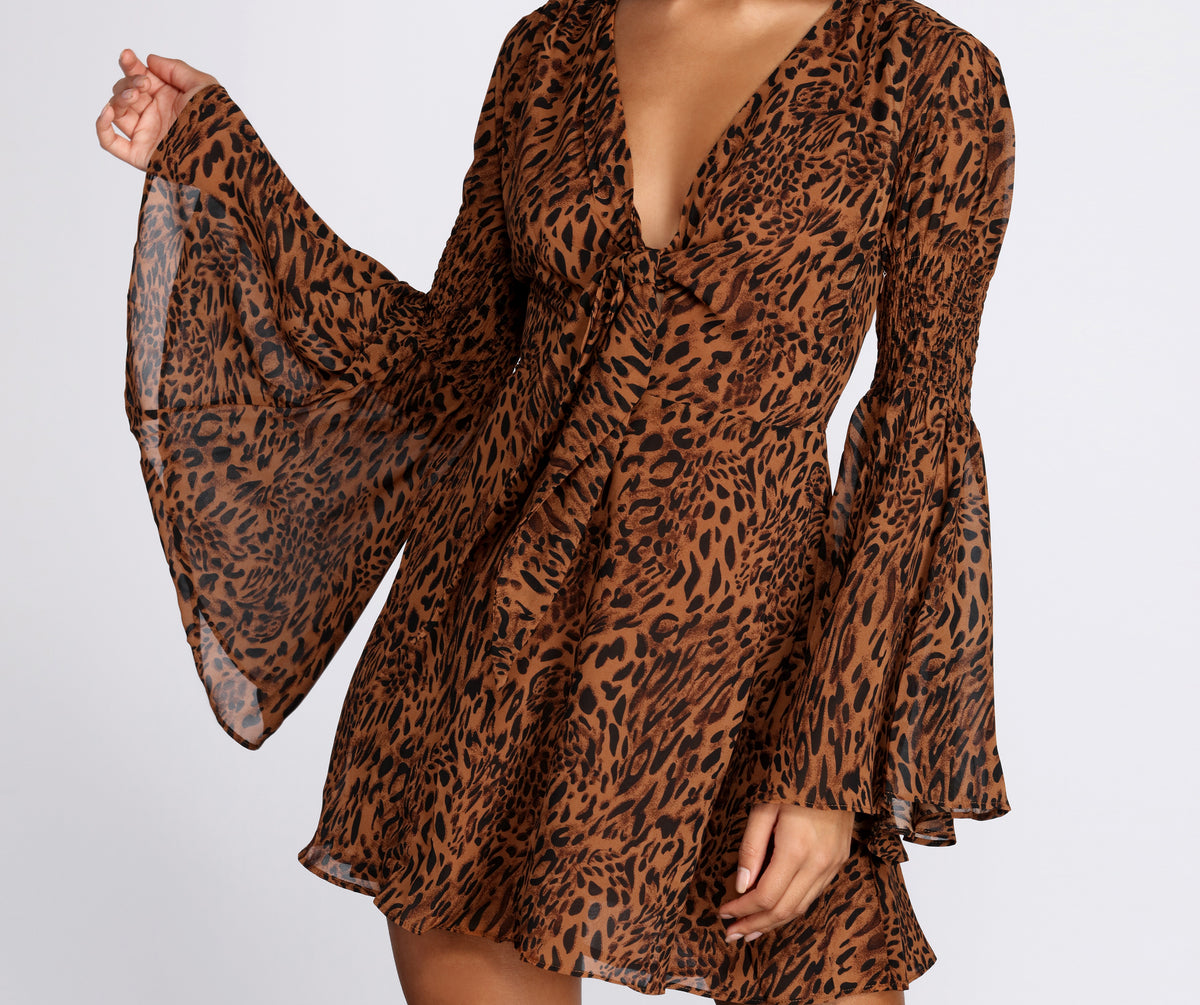 Leopard Bell Sleeve Chiffon Mini Dress & Windsor