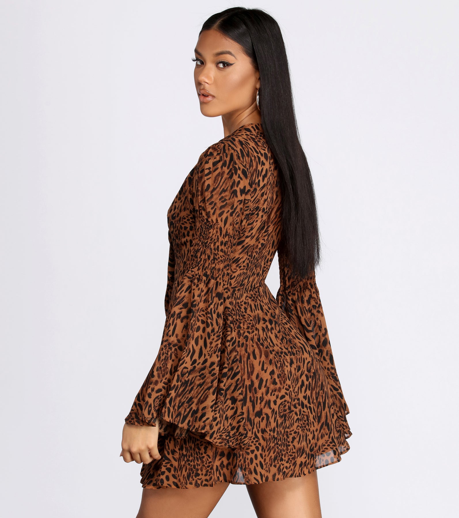 Leopard Bell Sleeve Chiffon Mini Dress & Windsor