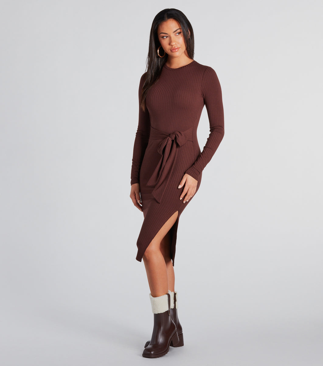 Stylish Staple Tie-Front Ribbed Knit Midi Dress & Windsor