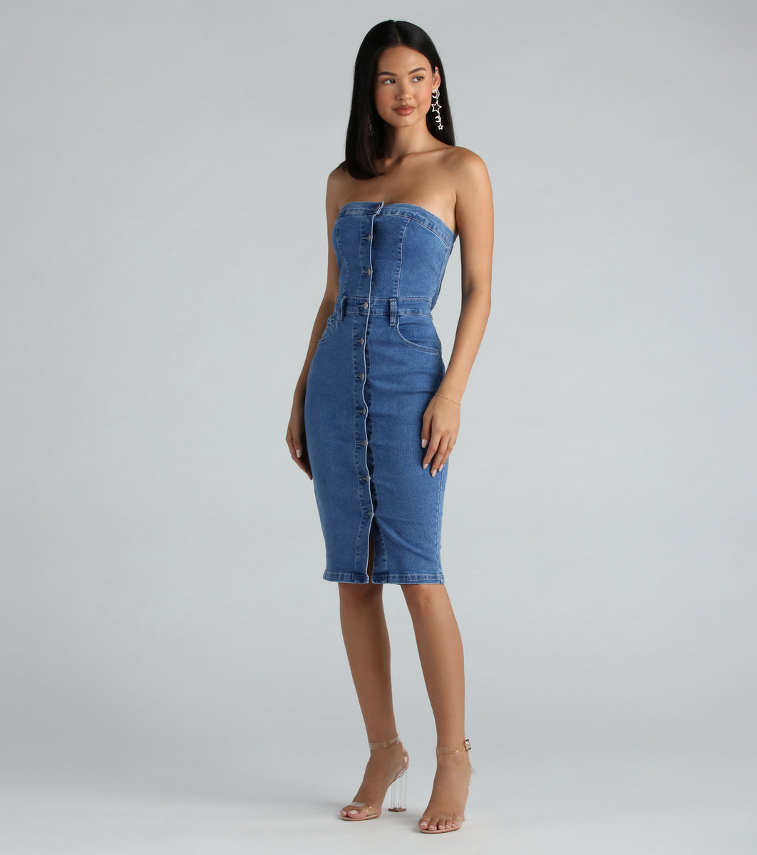 On The Down Low Denim Strapless Midi Dress & Windsor