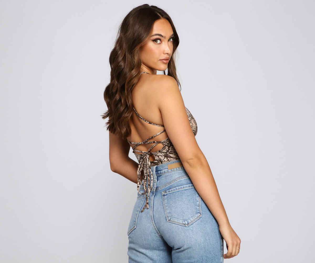 Snake Print Vixen Lace-Up Bodysuit & Windsor
