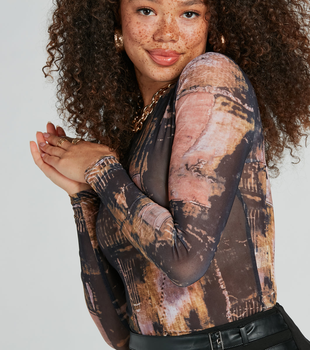 Cool Girl Abstract Print Sheer Mesh Crop Top & Windsor
