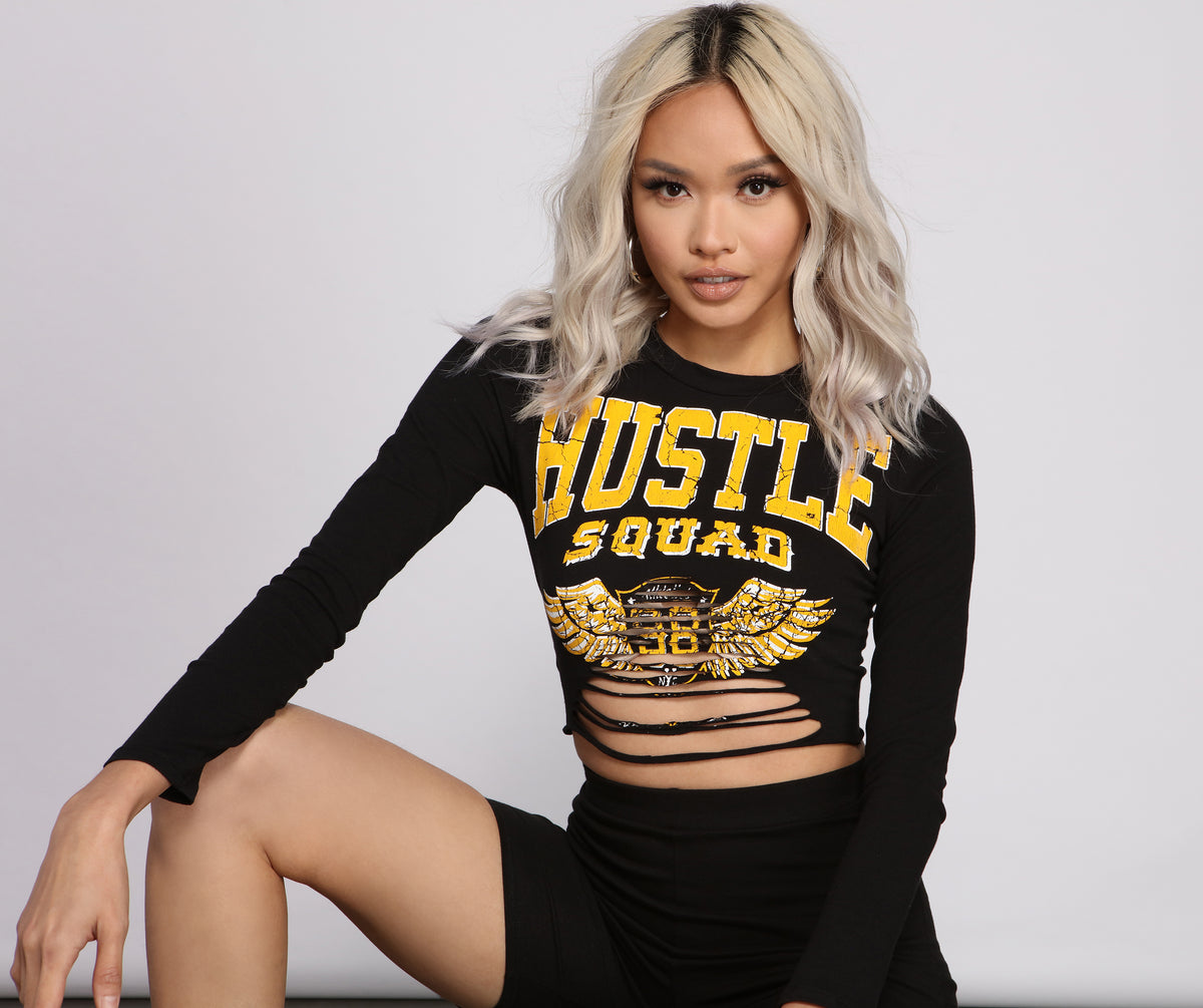 Hustle Squad Long Sleeve Cropped Graphic Top & Windsor