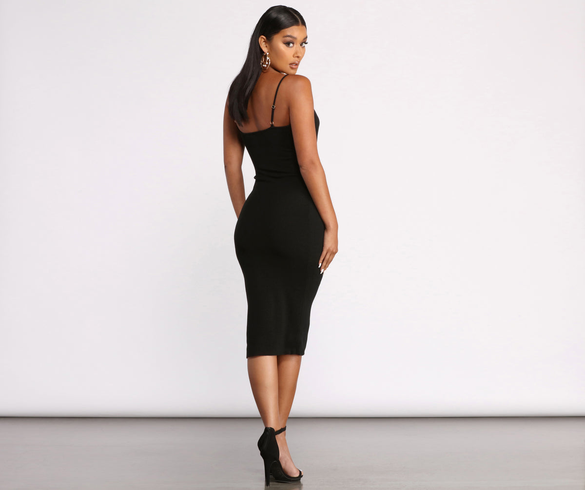 Sleeveless V Neck Asymmetrical Wrap Ribbed Midi Dress & Windsor