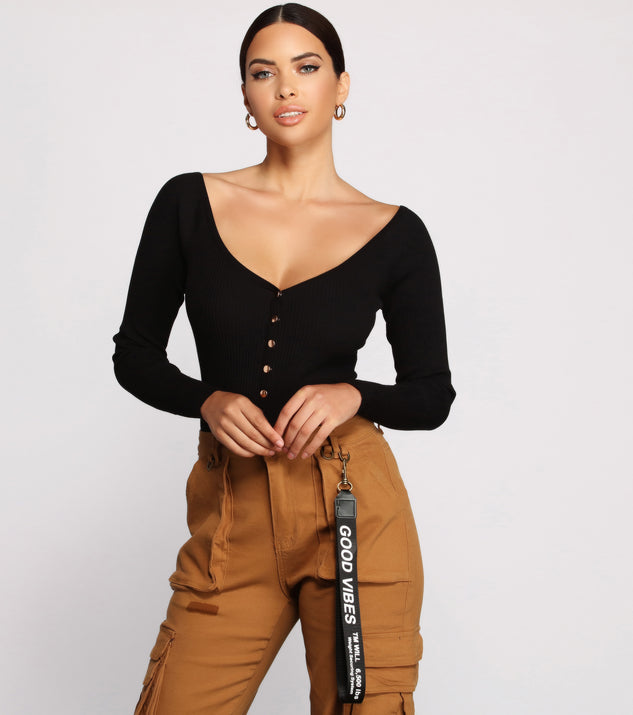 Ribbed Knit Henley Button-Front Bodysuit & Windsor