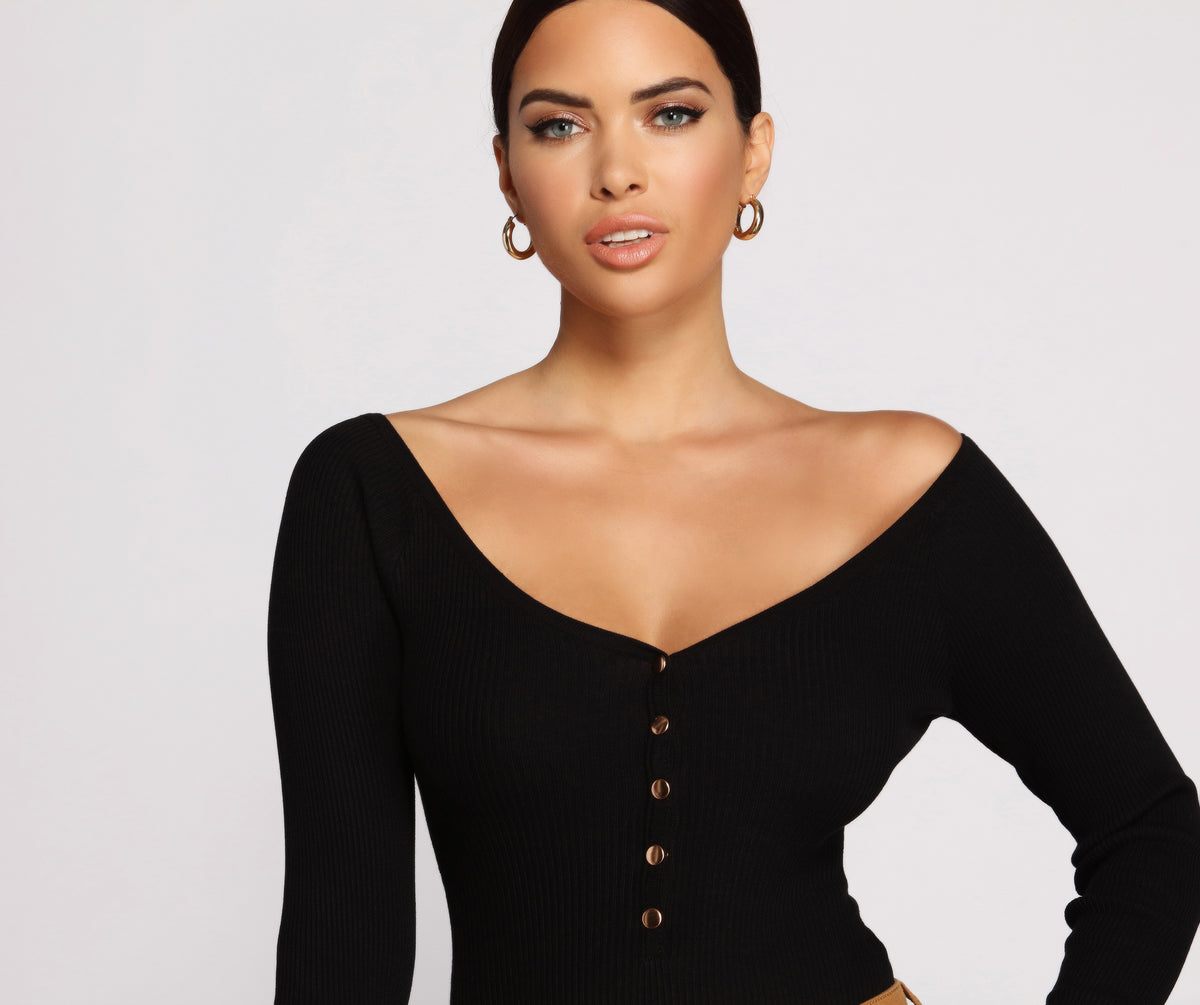 Ribbed Knit Henley Button-Front Bodysuit & Windsor