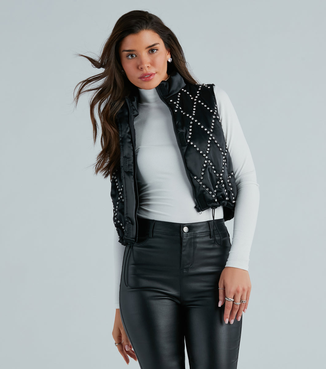 Winter Glamour Satin Rhinestone Puffer Vest & Windsor