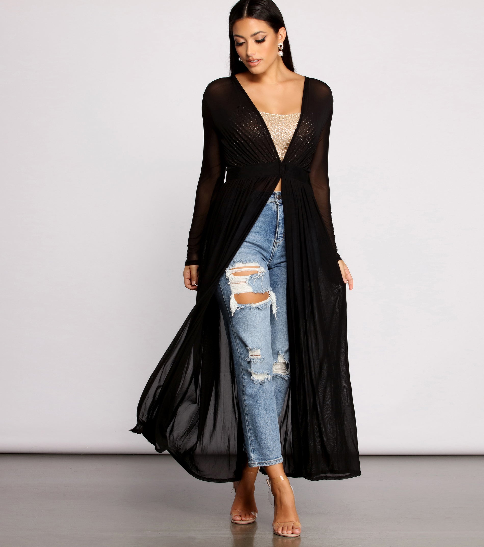 Pleated Long Sleeve Mesh Duster & Windsor