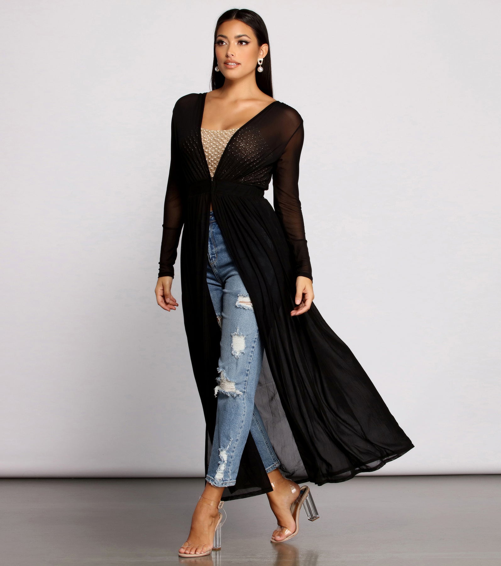 Pleated Long Sleeve Mesh Duster & Windsor