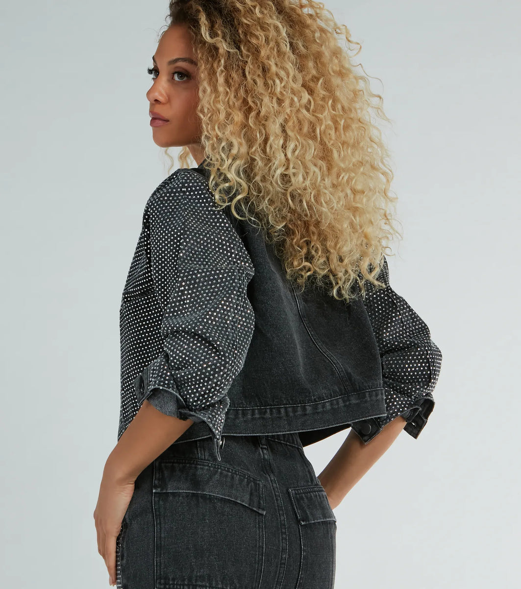 Edgy Era Rhinestone Cropped Denim Jacket & Windsor