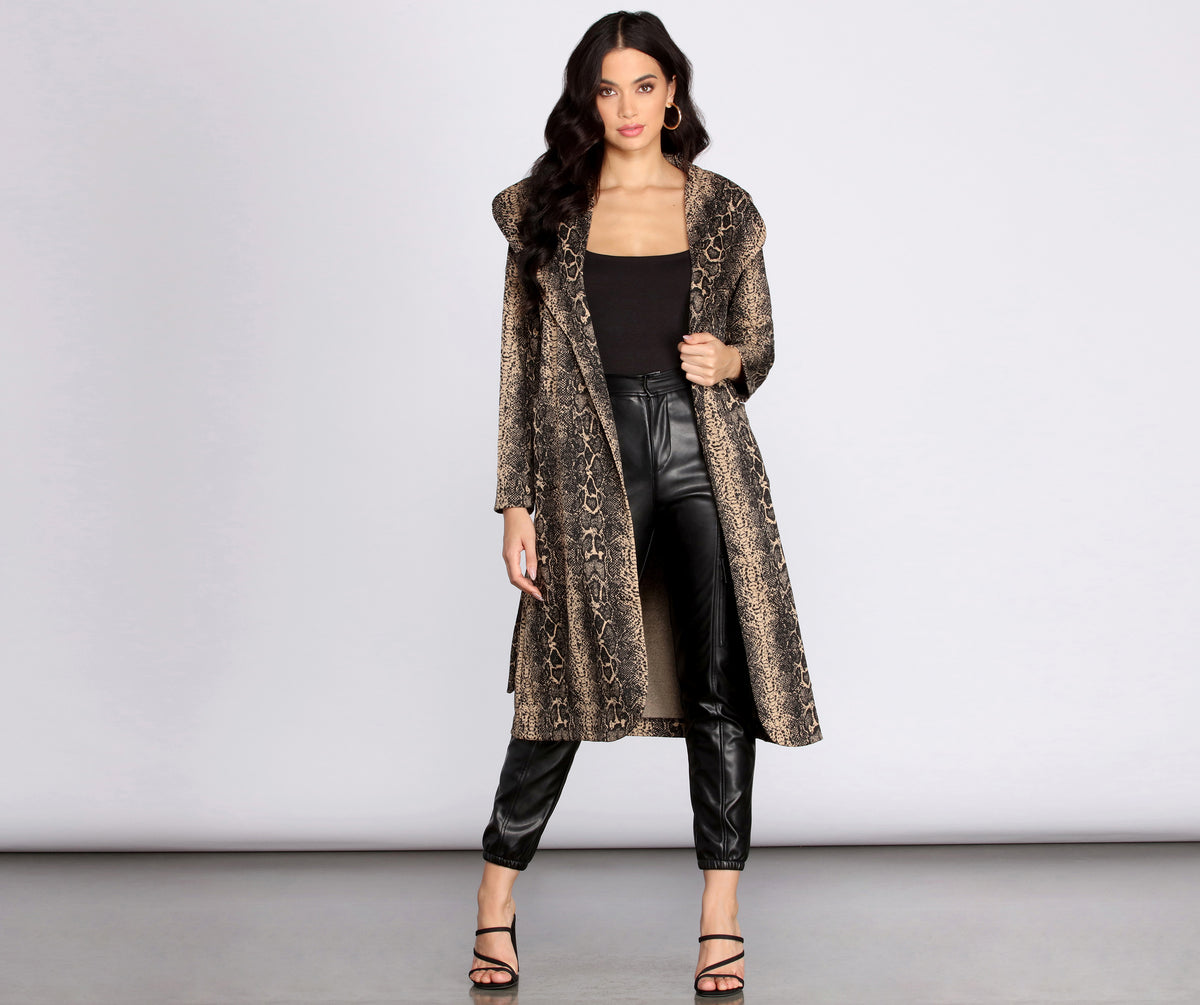 Snake Print Drape Front Long Coat & Windsor