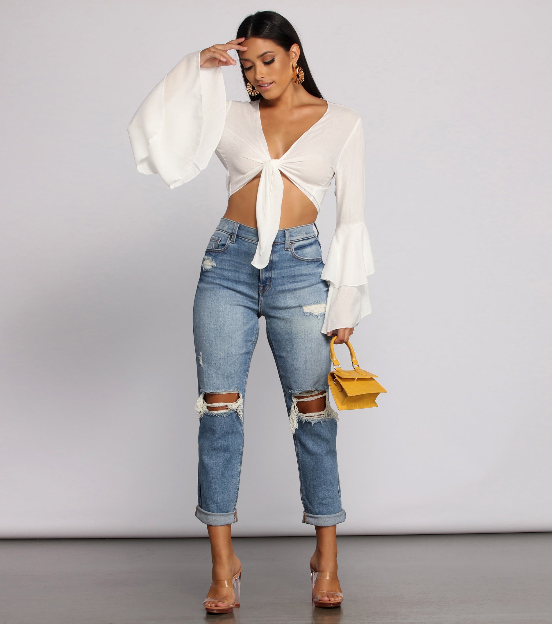 Woven Tie Front Bell Sleeve Crop Top & Windsor