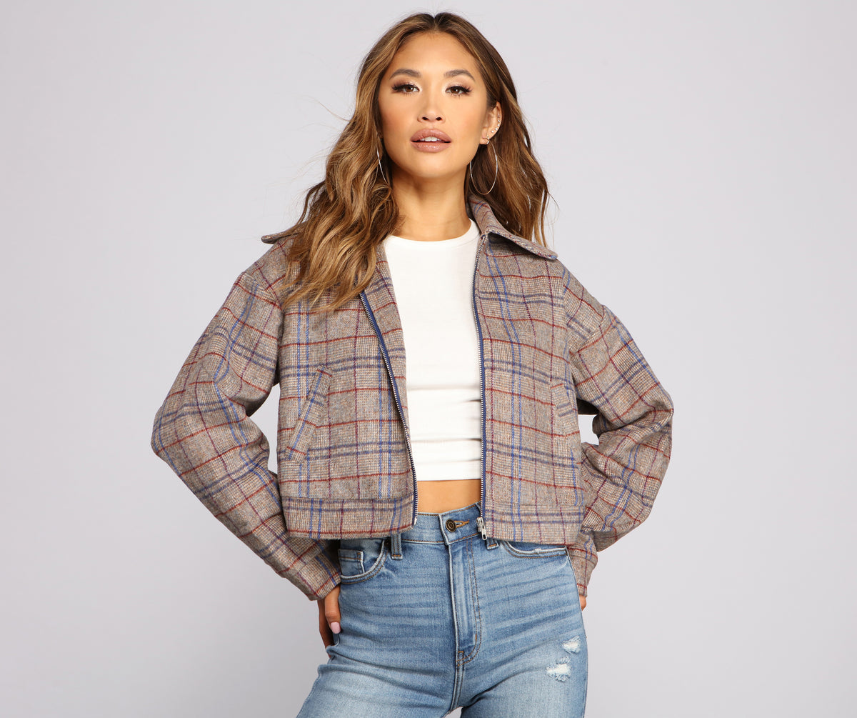 Perf Look In Plaid Oversized Cropped Jacket & Windsor