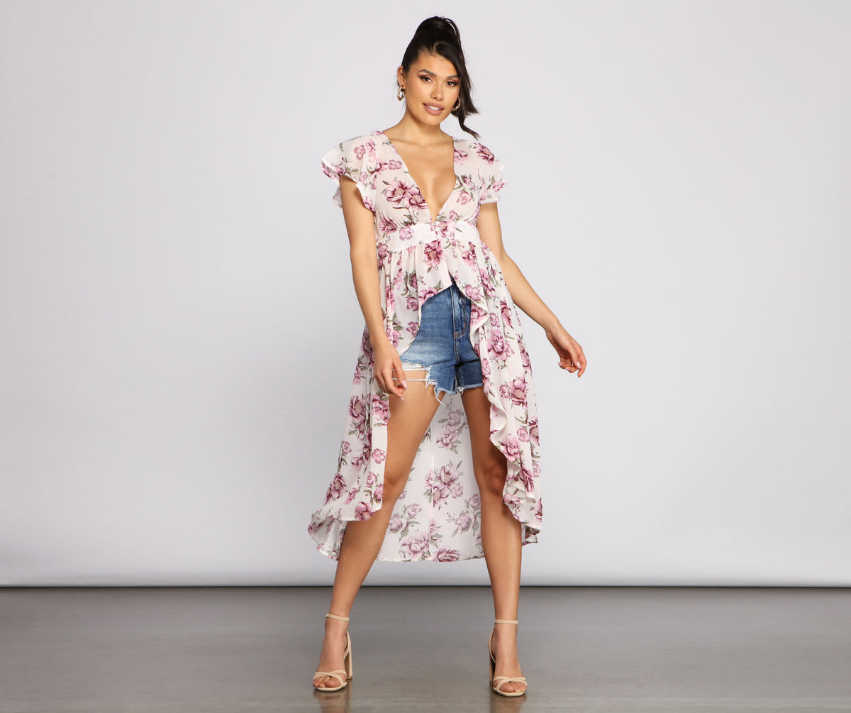 Floral Flutter Sleeve Chiffon High-Low Duster & Windsor