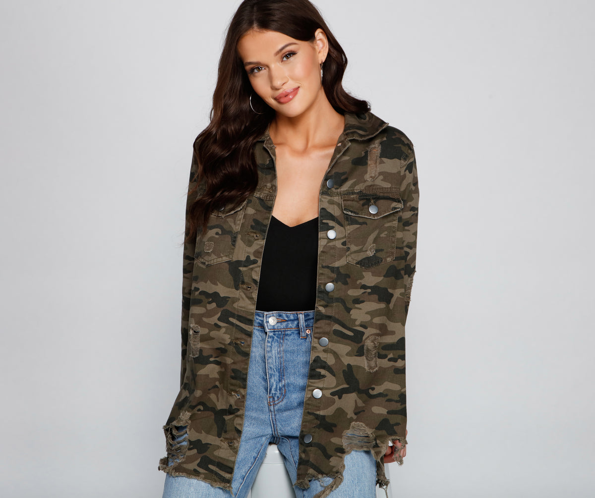 Camo Cutie Destructed Shacket & Windsor
