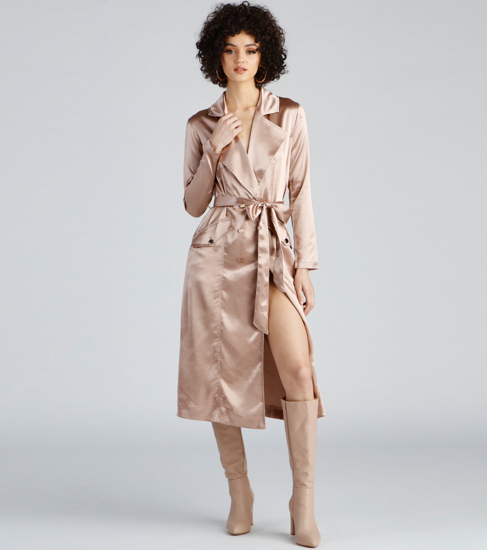 Sleek Sophistication Belted Satin Trench & Windsor