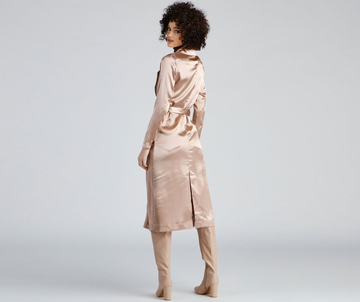Sleek Sophistication Belted Satin Trench & Windsor