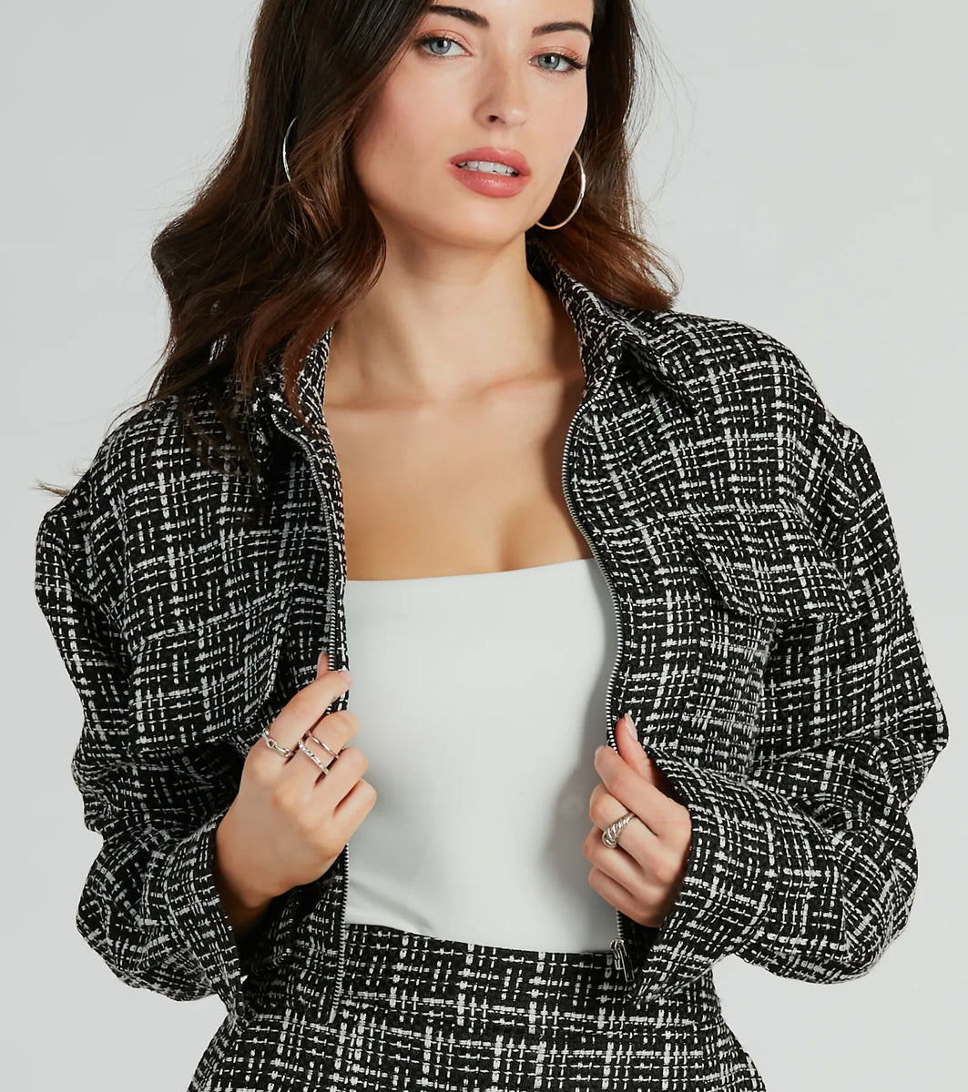 Sophisticated Posh Zip Up Tweed Plaid Shacket & Windsor