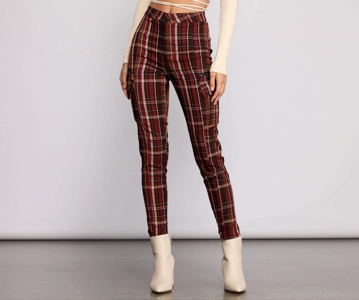 High Waist Plaid Cargo Skinny Pants & Windsor