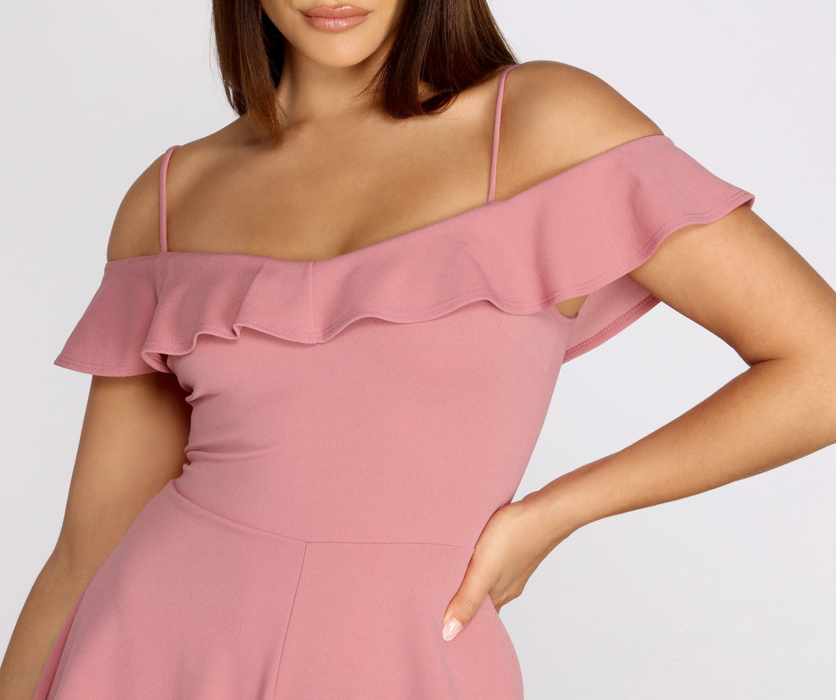 Ruffle Off Shoulder Lattice Back Romper & Windsor