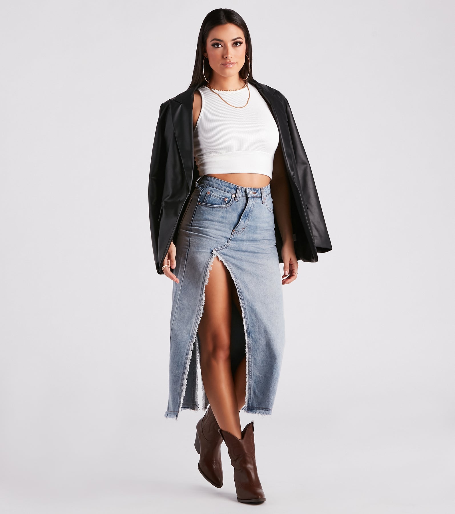Babe In Denim High Slit Midi Skirt & Windsor