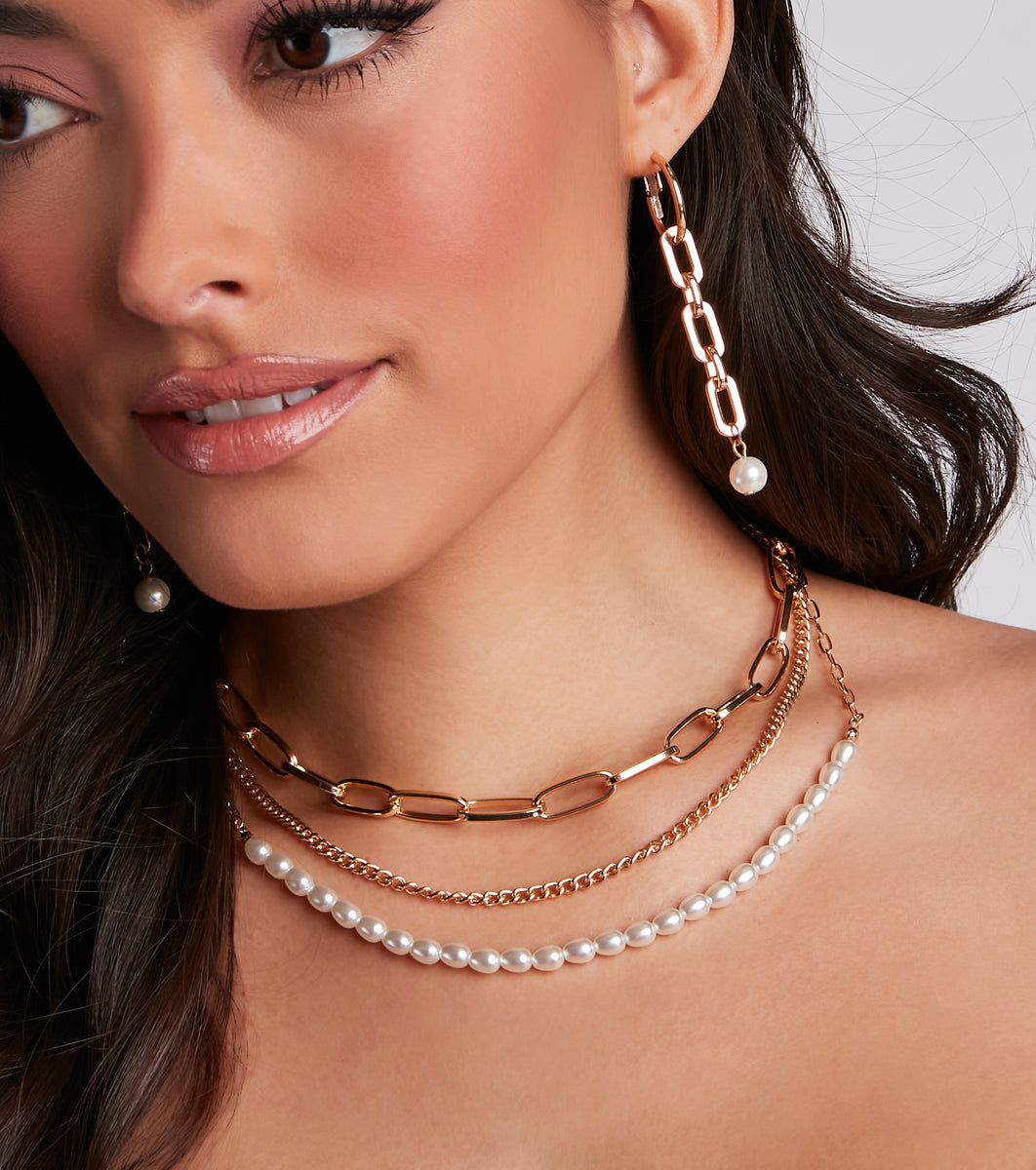 Pretty Edgy Faux Pearl Chain Layer Necklace & Windsor